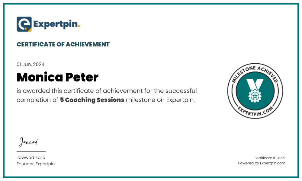 Certificate ecsi awarded to Monica Peter by Expertpin