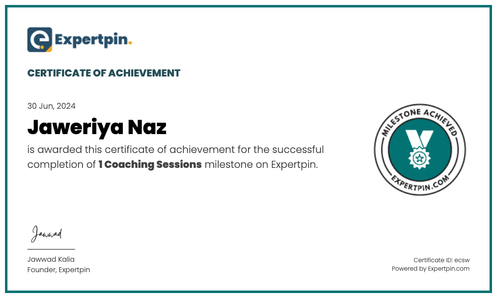 Certificate ecsw awarded to Jaweriya Naz by Expertpin